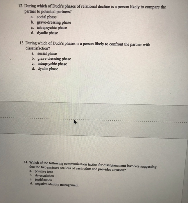Solved 12. During which of Duck's phases of relational | Chegg.com
