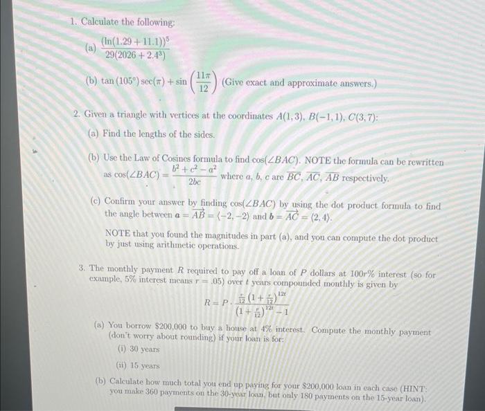 Solved 1. Calculate the following: (a) | Chegg.com