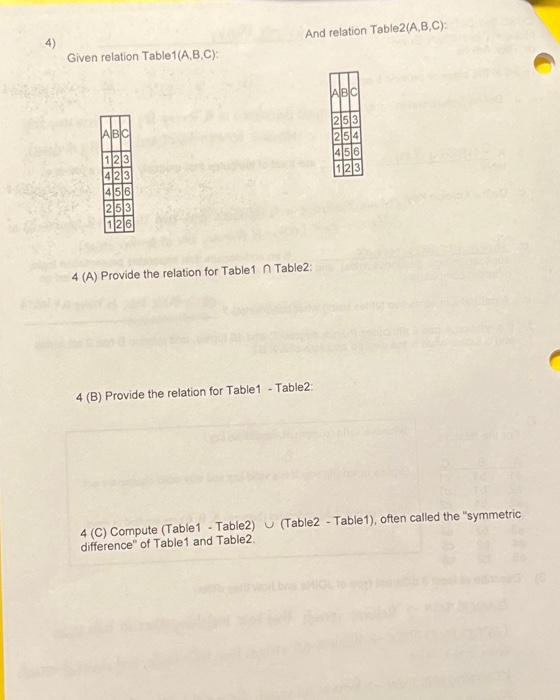 Solved 4) Given relation Table1(A,B,C): 32255 3363 ABC 516 | Chegg.com