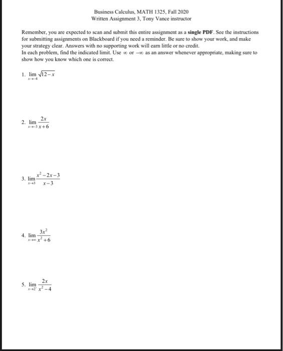 Solved Business Calculus, MATH 1325, Fall 2020 Written | Chegg.com