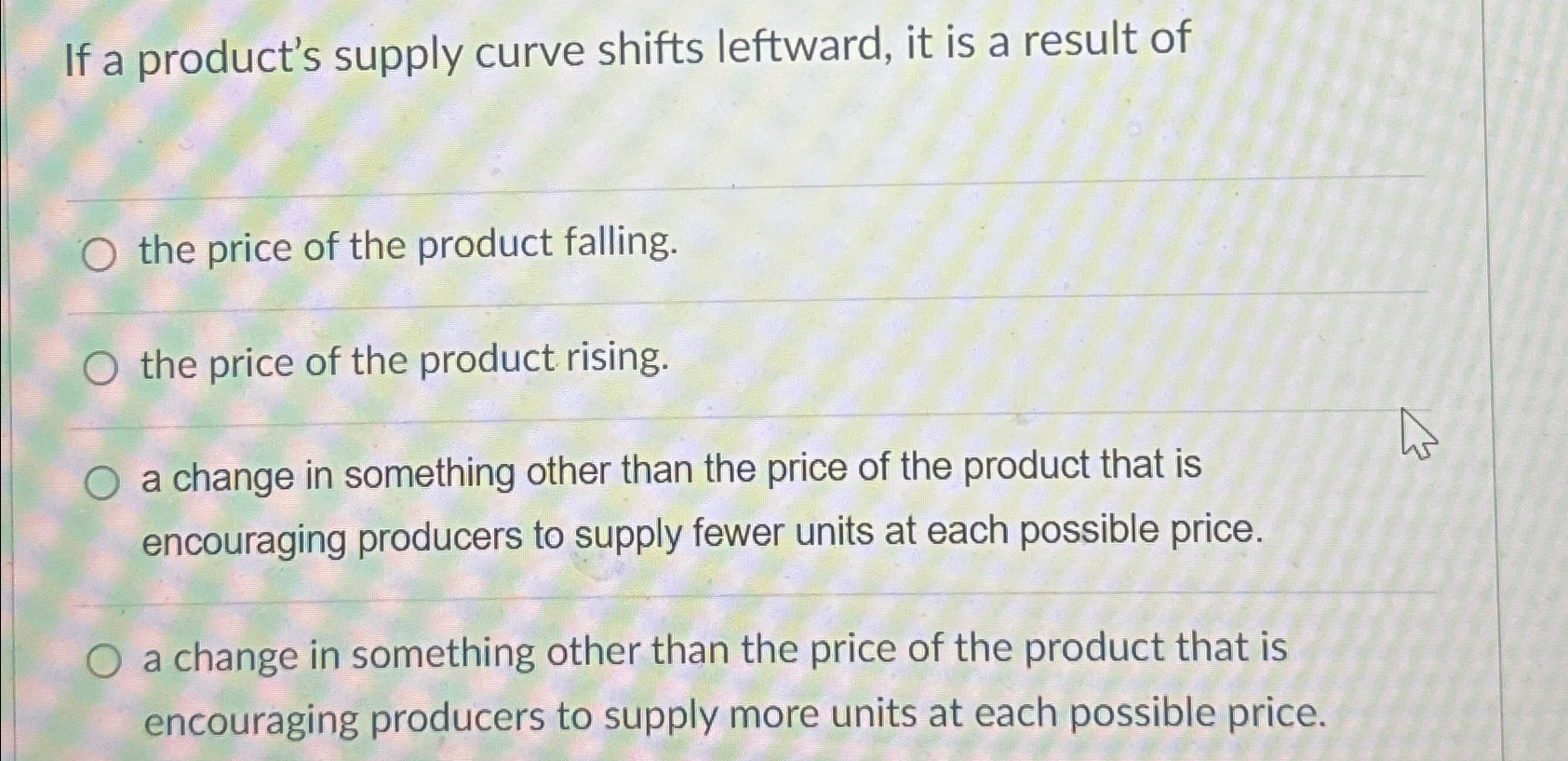 Solved If a product's supply curve shifts leftward, it is a | Chegg.com