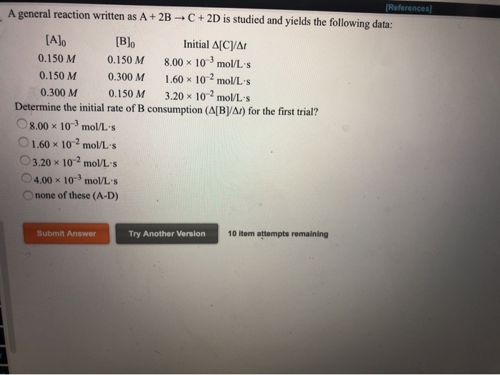 Solved (References) A general reaction written as A + 2B + C | Chegg.com