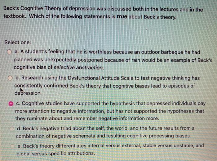 Solved Beck's Cognitive Theory of depression was discussed | Chegg.com