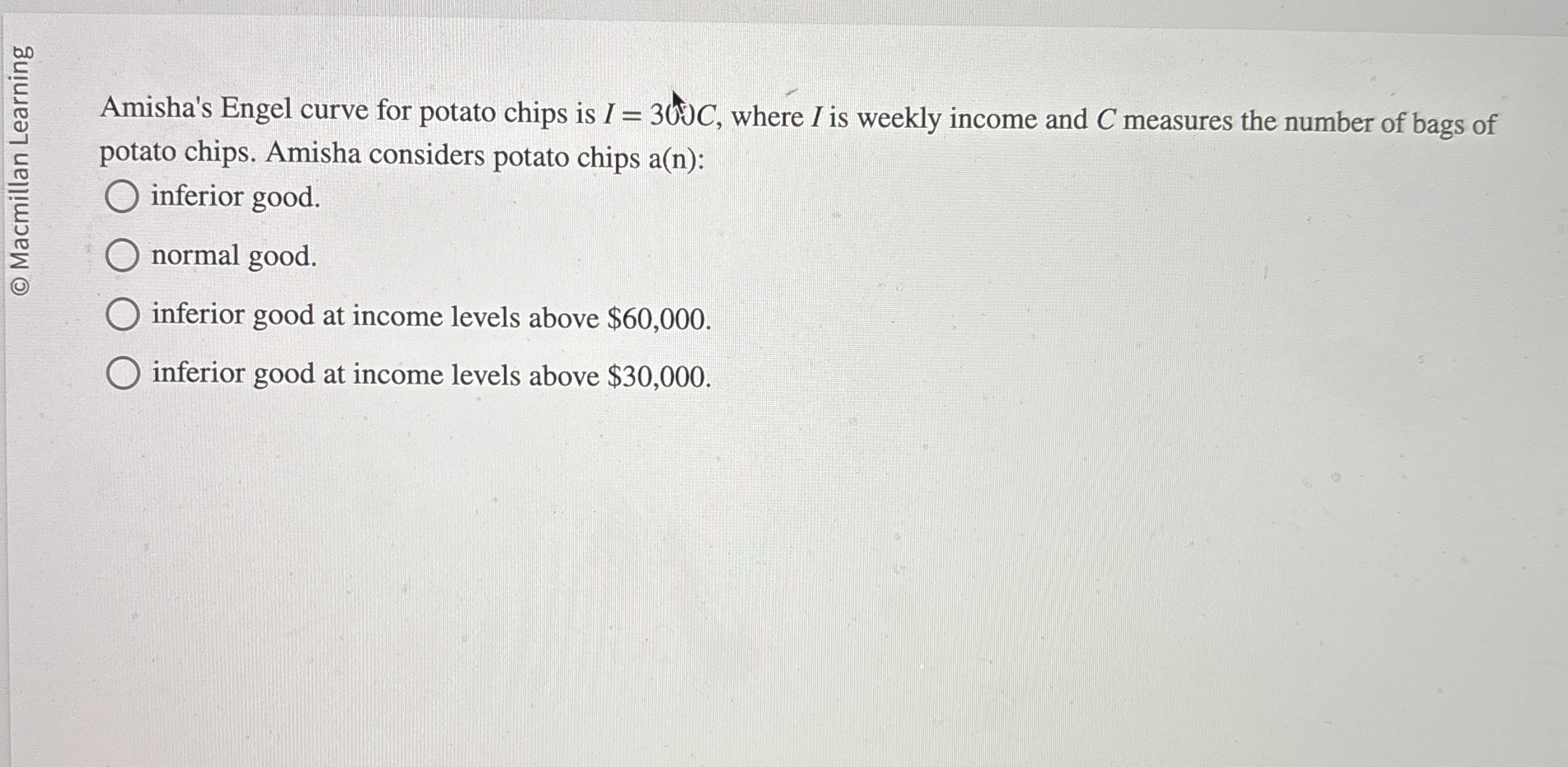 Solved Amisha's Engel curve for potato chips is (:I=30°}, | Chegg.com