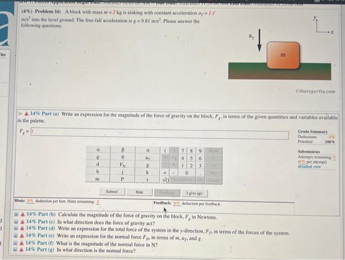 Solved (4\%) Problem 16: A block with mass m=2 kg is sinking | Chegg.com
