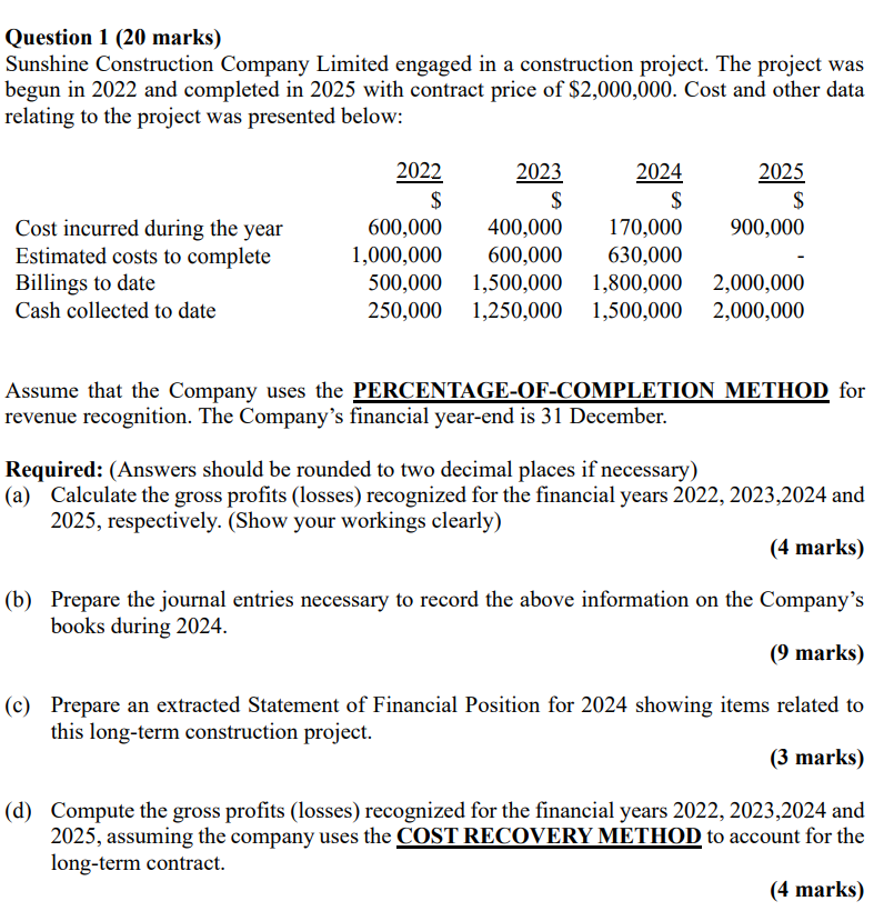 Solved Question 1 (20 ﻿marks)Sunshine Construction Company | Chegg.com