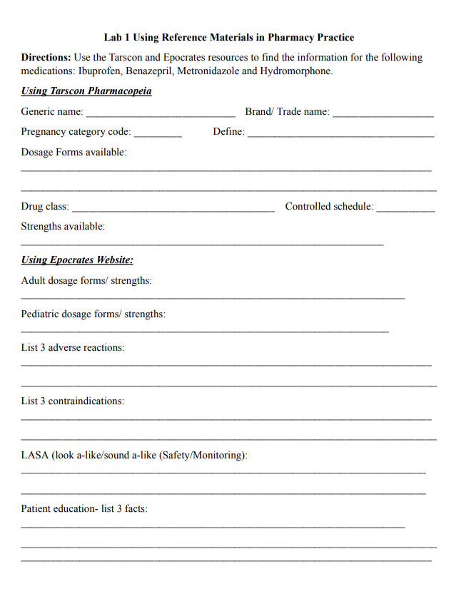 Solved Lab 1 ﻿Using Reference Materials in Pharmacy | Chegg.com