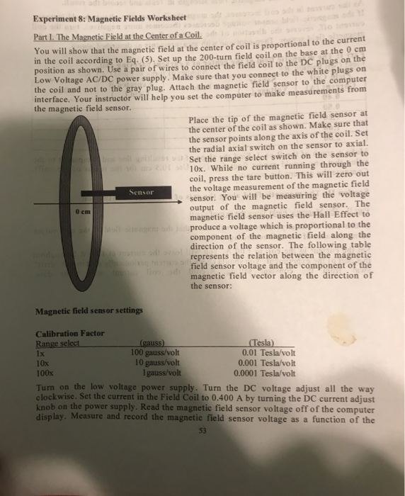 . Experiment 8: Magnetic Fields Worksheet Part 1. The | Chegg.com