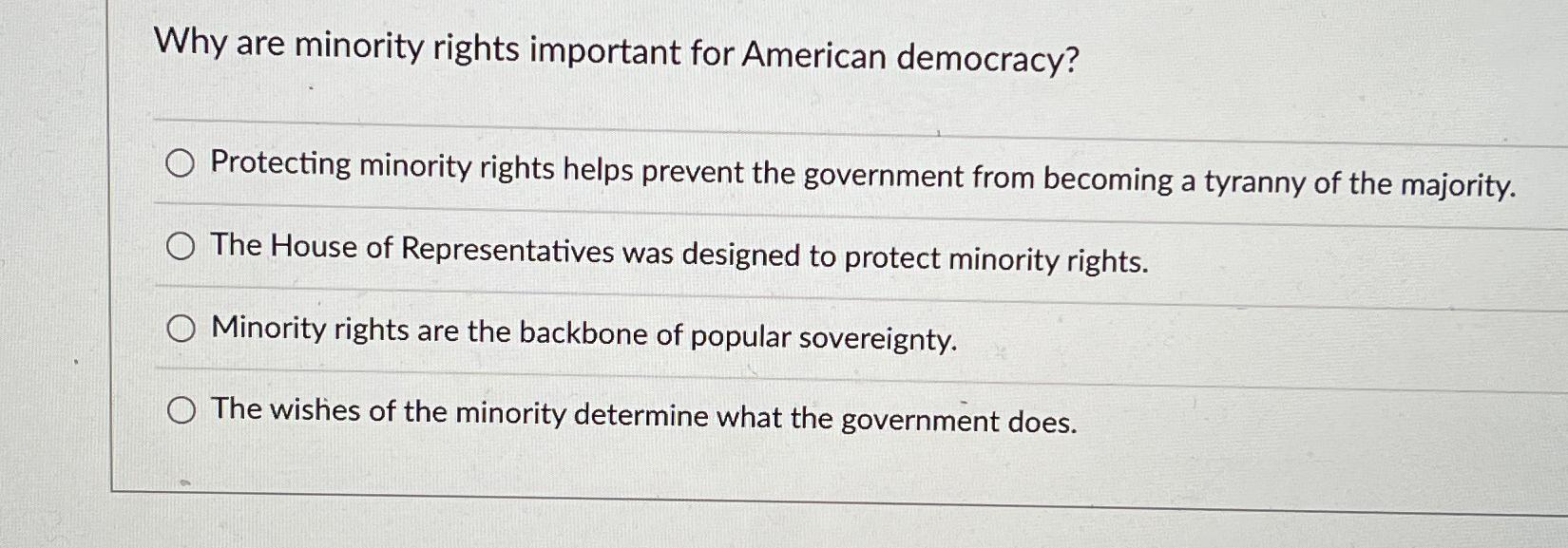 Solved Why are minority rights important for American | Chegg.com