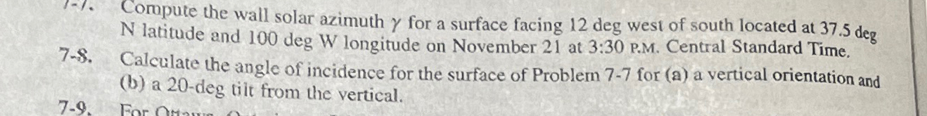 Solved 1-7. ﻿Compute the wall solar azimuth γ ﻿for a surface | Chegg.com