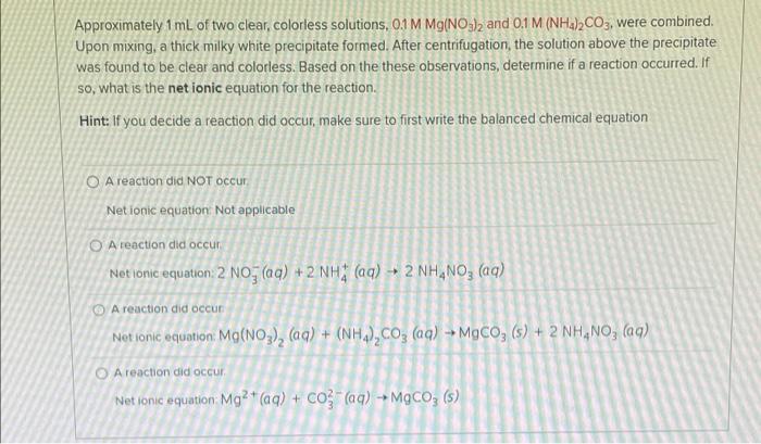 Solved Approximately 1 mL of two clear, colorless solutions, | Chegg.com