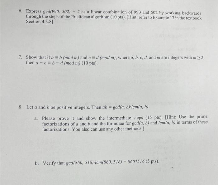 Solved 6. Express gcd(990,502)=2 as a linear combination of | Chegg.com