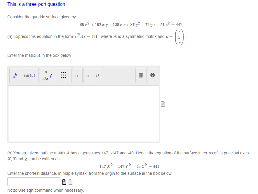 Solved This is a three-part question.Consider the quadric | Chegg.com
