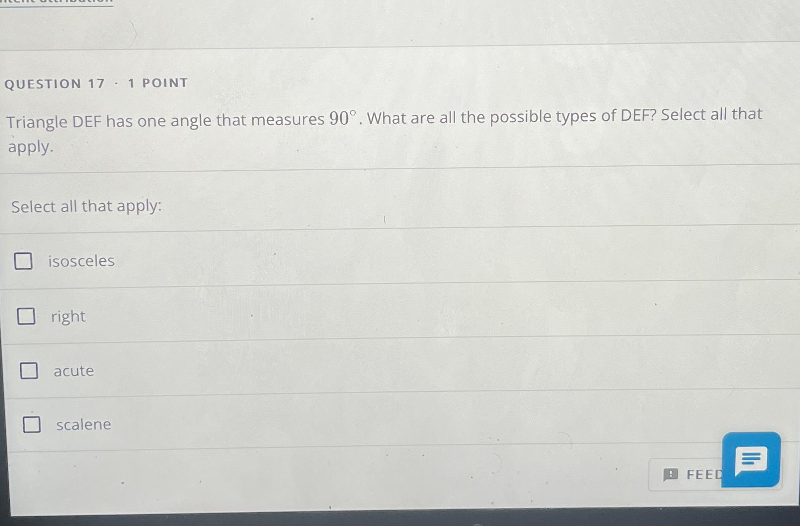 Solved QUESTION 17 - 1 ﻿POINTTriangle DEF has one angle that | Chegg.com