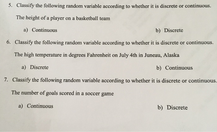 Solved 5 Classify The Following Random Variable According 1003