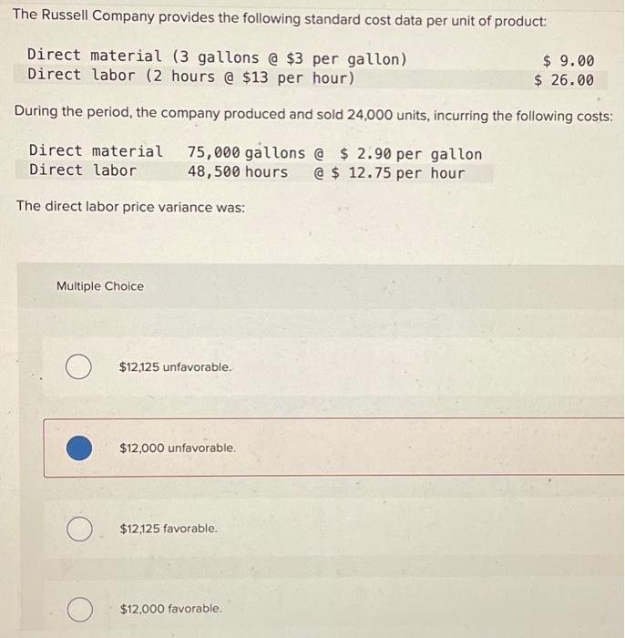 Solved The direct labor price variance was: Multiple Choice | Chegg.com