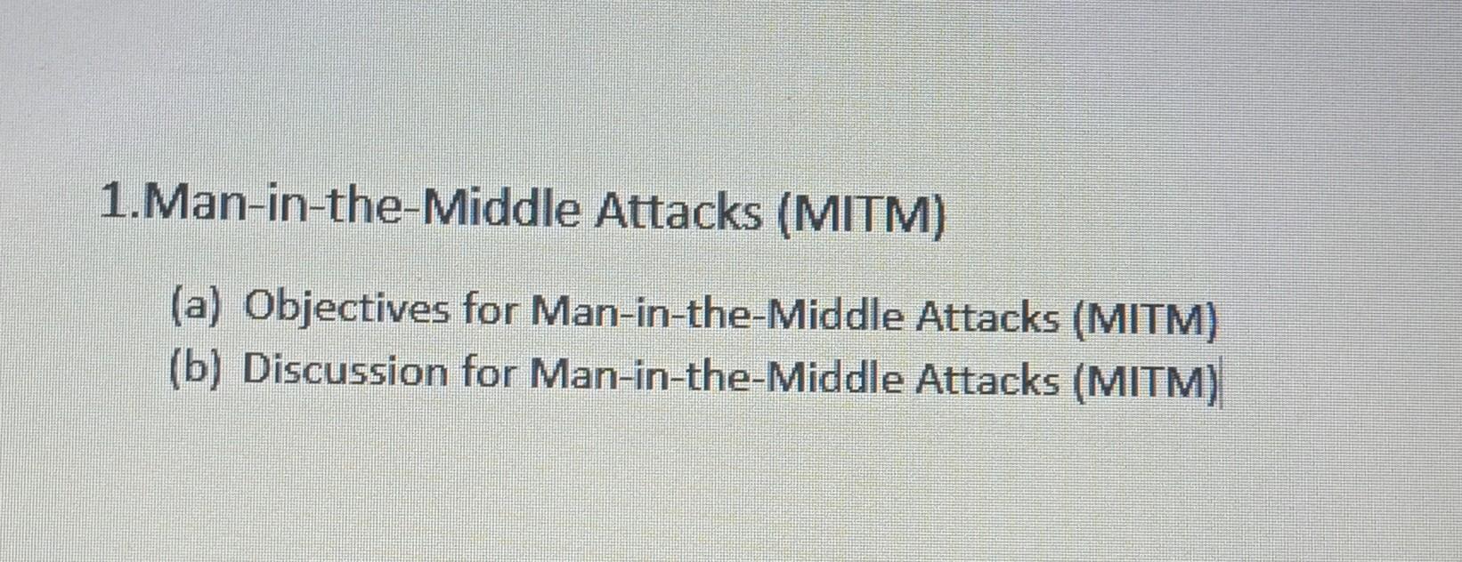 Solved 1.Man-in-the-Middle Attacks (MITM) (a) Objectives for | Chegg.com