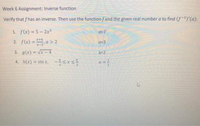 Solved Week 6 Assignment: Inverse function Verify that f has | Chegg.com