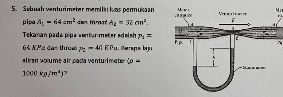 Solved 5. Sebuah venturimeter memilki luas permukaan pipa | Chegg.com