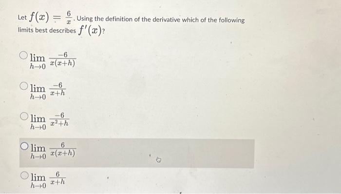 Solved Let f(x)=x6. Using the definition of the derivative | Chegg.com