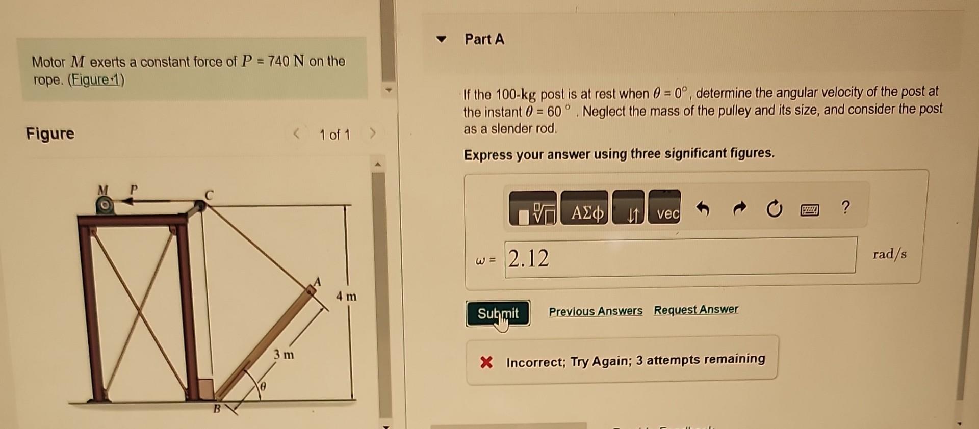 Solved Motor M exerts a constant force of P=740 N on the | Chegg.com