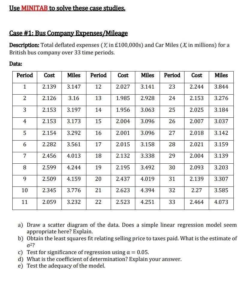 Solved Case #1; Bus Company Expenses/Mileage Description: | Chegg.com