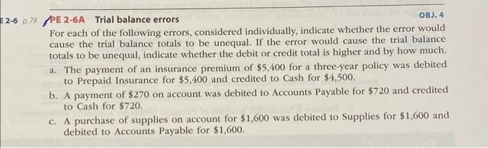 Solved E 2-6 p.79 PPE 2-6A Trial balance errors OBJ. 4 For | Chegg.com
