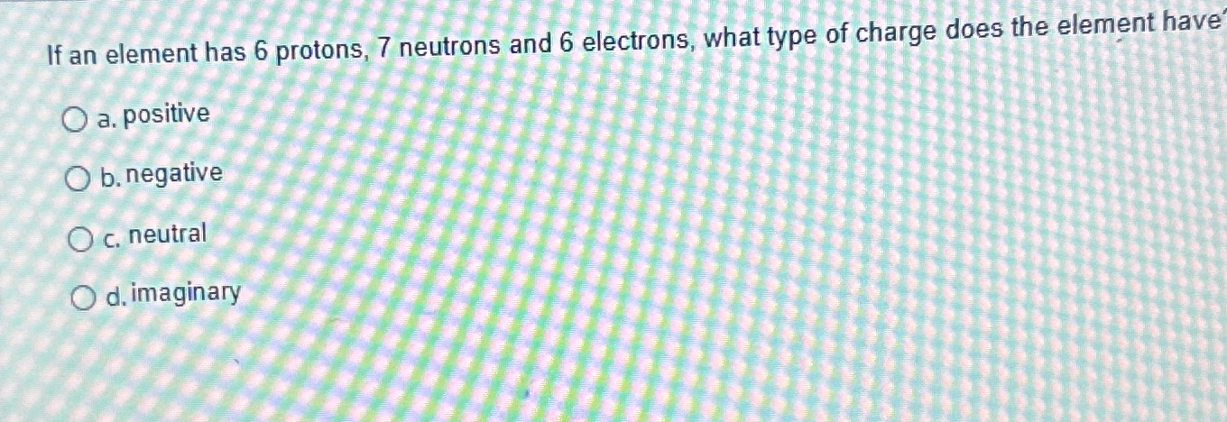 Solved If an element has 6 ﻿protons, 7 ﻿neutrons and 6 | Chegg.com