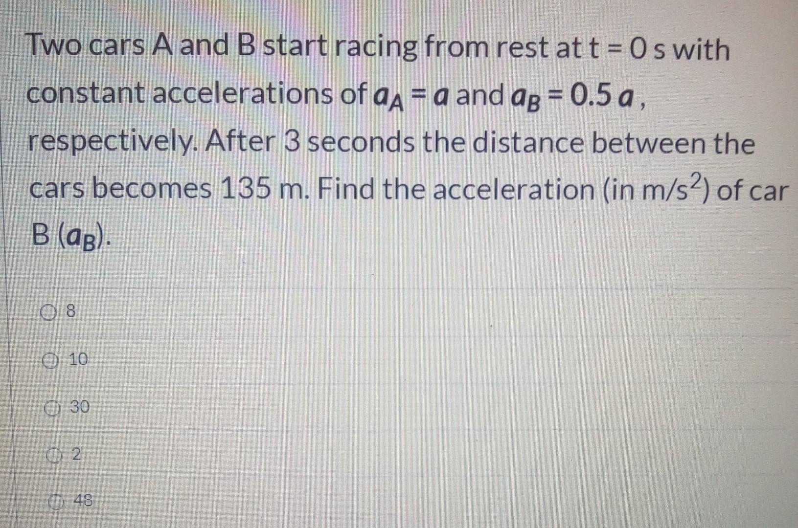 Solved Two cars A and B start racing from rest at t = 0 s | Chegg.com