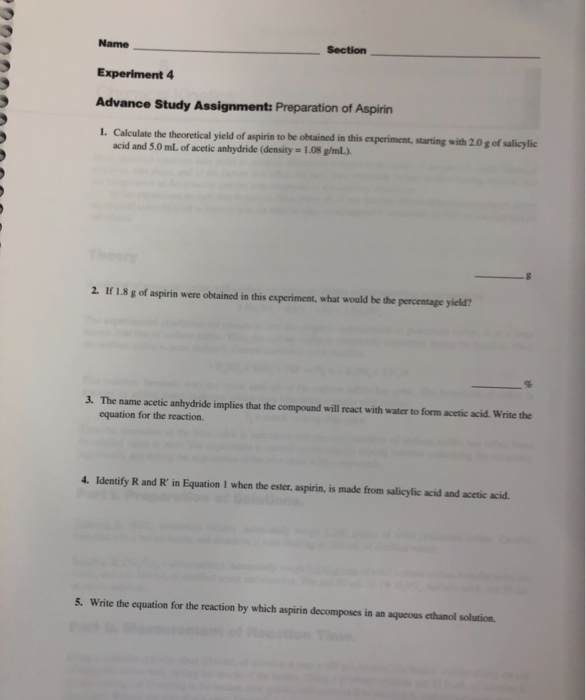 Solved Name Section Experiment 4 Data and Calculations: | Chegg.com