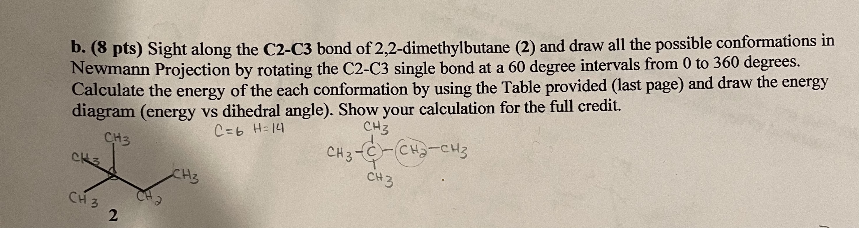 Sight along the C2-C3 ﻿bond of 2,2-dimethylbutane (2) | Chegg.com