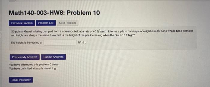 Solved Math 140-003-HW8: Problem 10 Previous Problem Problem | Chegg.com