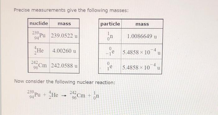 Solved Precise measurements give the following masses: Now | Chegg.com