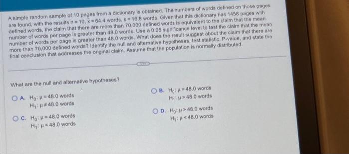 Solved A simple random sample of 10 pages from a dictionary | Chegg.com
