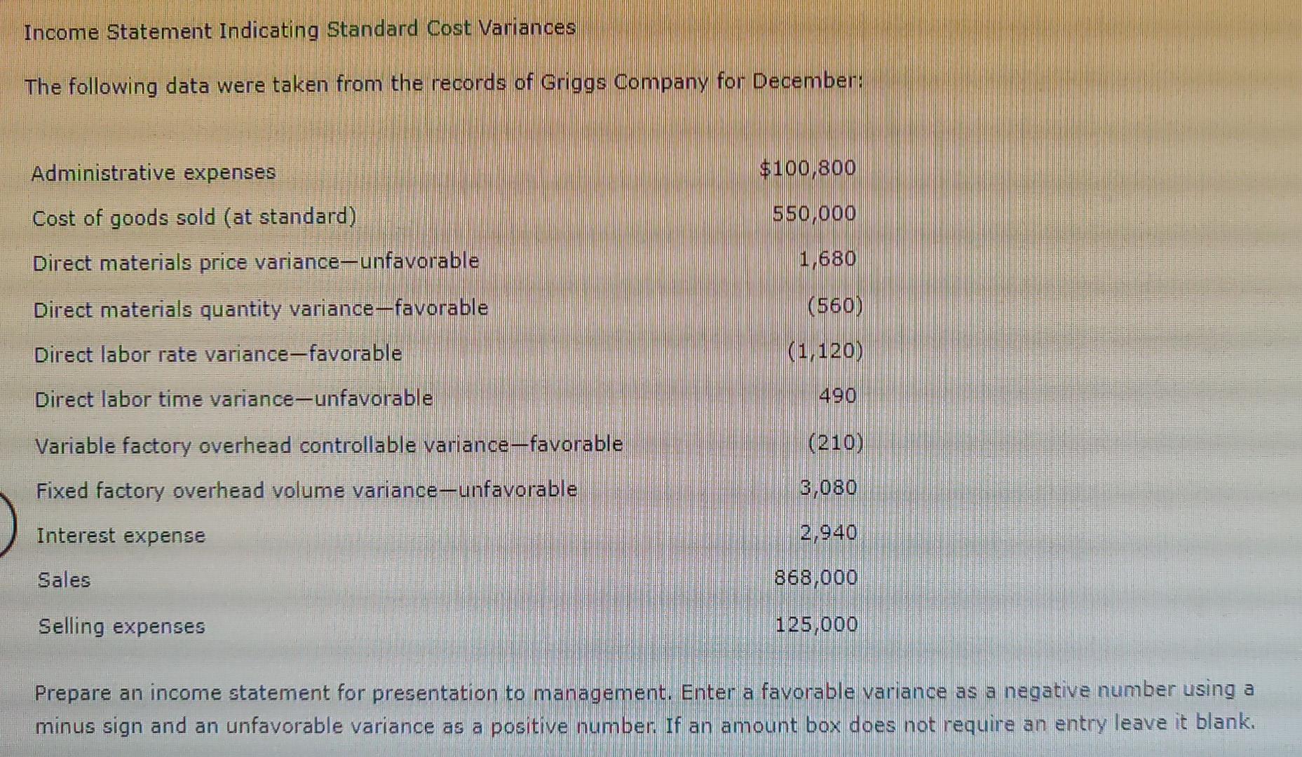 Solved Income Statement Indicating Standard Cost Variances | Chegg.com