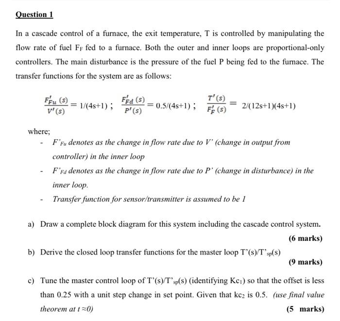 Solved Question 1 In a cascade control of a furnace, the | Chegg.com