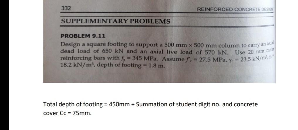 Solved 332 REINFORCED CONCRETE DESIGN SUPPLEMENTARY PROBLEMS | Chegg.com