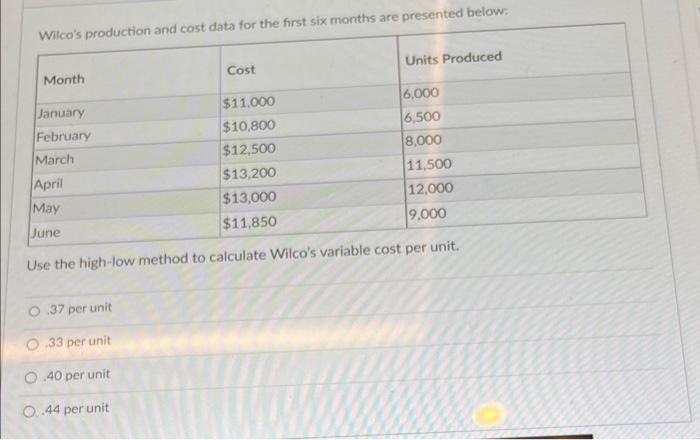 Solved Use the high-low method to calculate Wilco's variable | Chegg.com