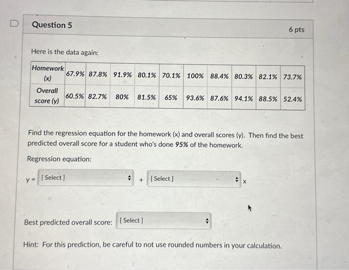 Solved Here is the data again: Find the regression equation | Chegg.com