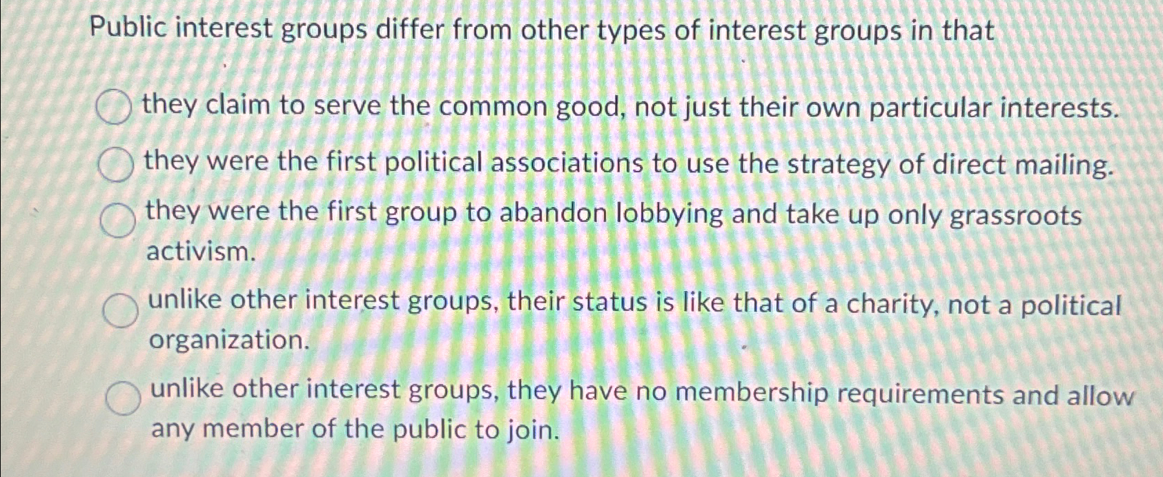 Solved Public interest groups differ from other types of | Chegg.com