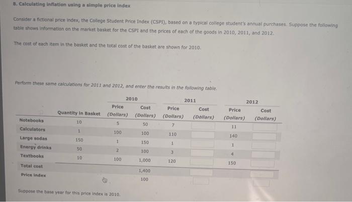 Solved B. Calculating Infiation using a simple price index | Chegg.com