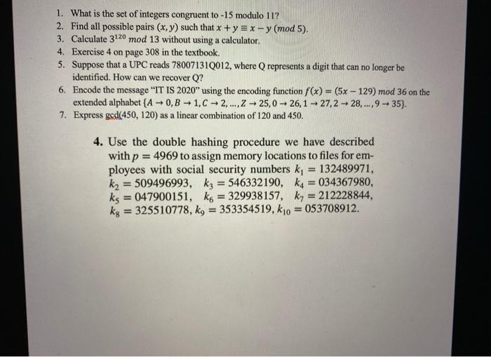 Solved 1. What is the set of integers congruent to-15 modulo | Chegg.com