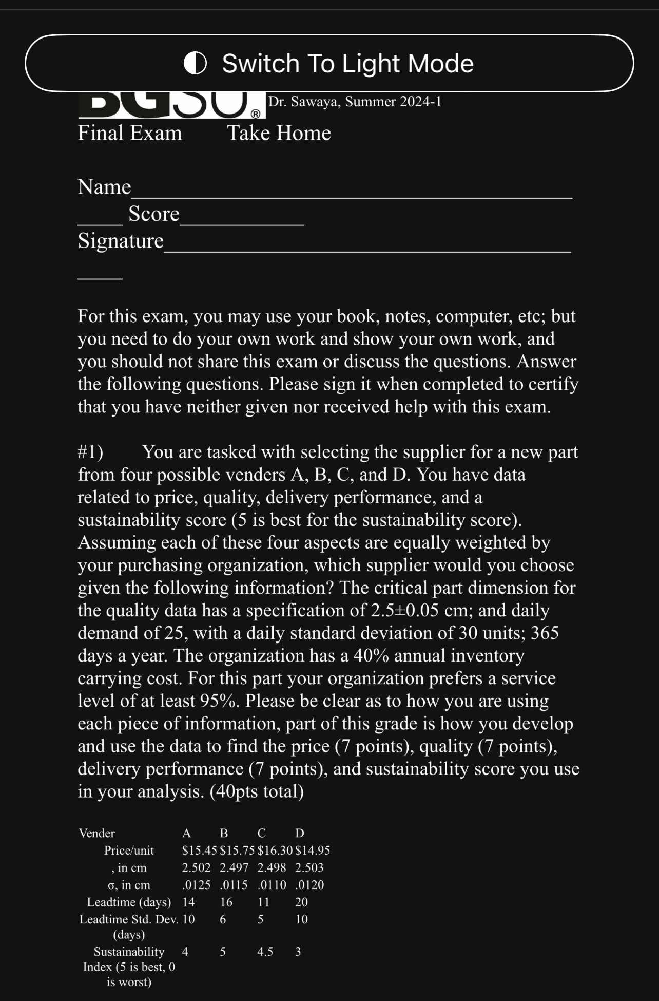 Solved Switch To Light ModeDr. ﻿Sawaya, Summer 2024-1Final | Chegg.com