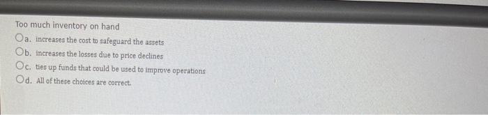 Solved Too much inventory on hand Oa. increases the cost to | Chegg.com