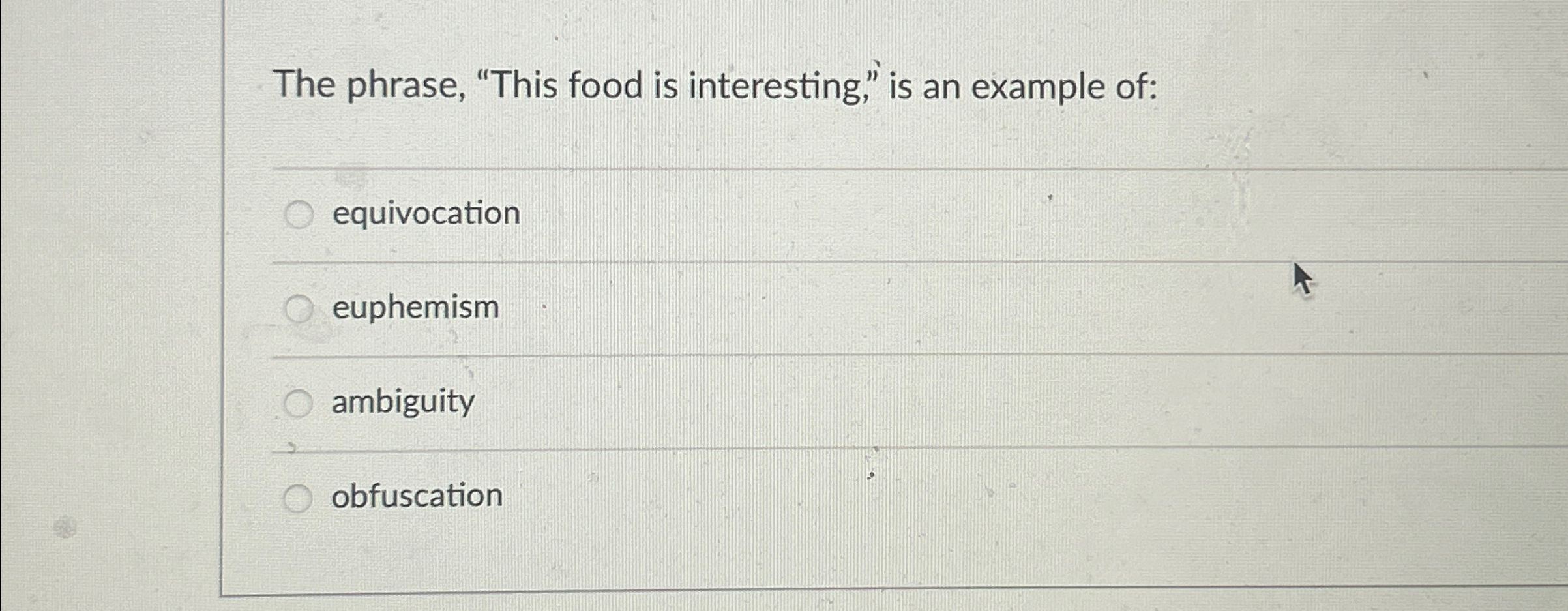 Solved The phrase, "This food is interesting," is an example | Chegg.com