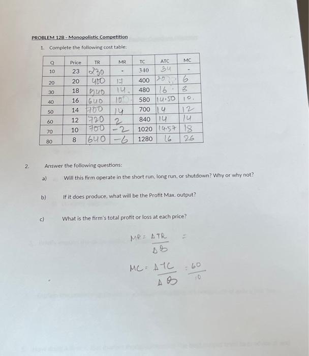 Solved PROBLEM.12B - Monopolistic Competition 1. Complete | Chegg.com