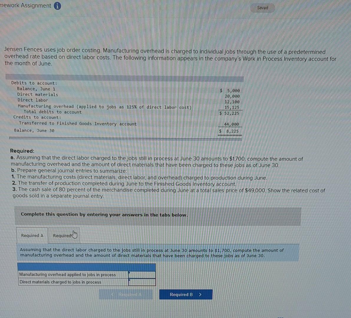 Solved mework Assignment Saved Jensen Fences uses job order | Chegg.com