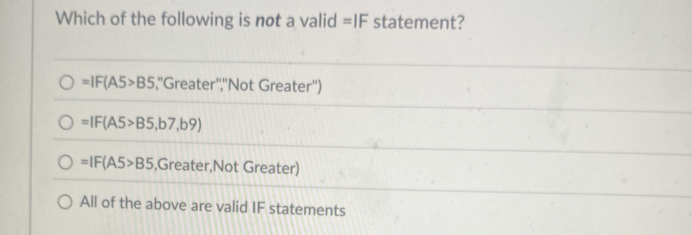 Solved Which of the following is not a valid =IF | Chegg.com