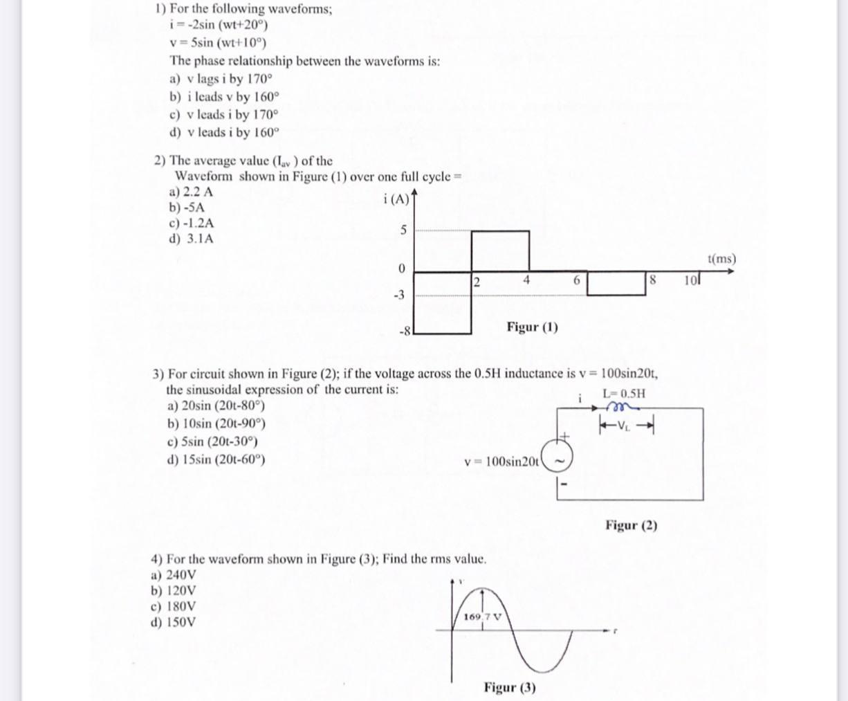 Solved 1) For the following waveforms; i=-2sin (wt+20°) | Chegg.com