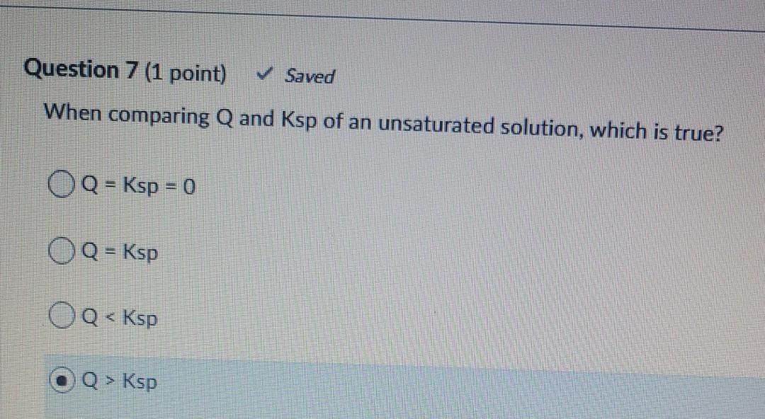 Solved Question 7 (1 point) Saved When comparing Q and Ksp | Chegg.com